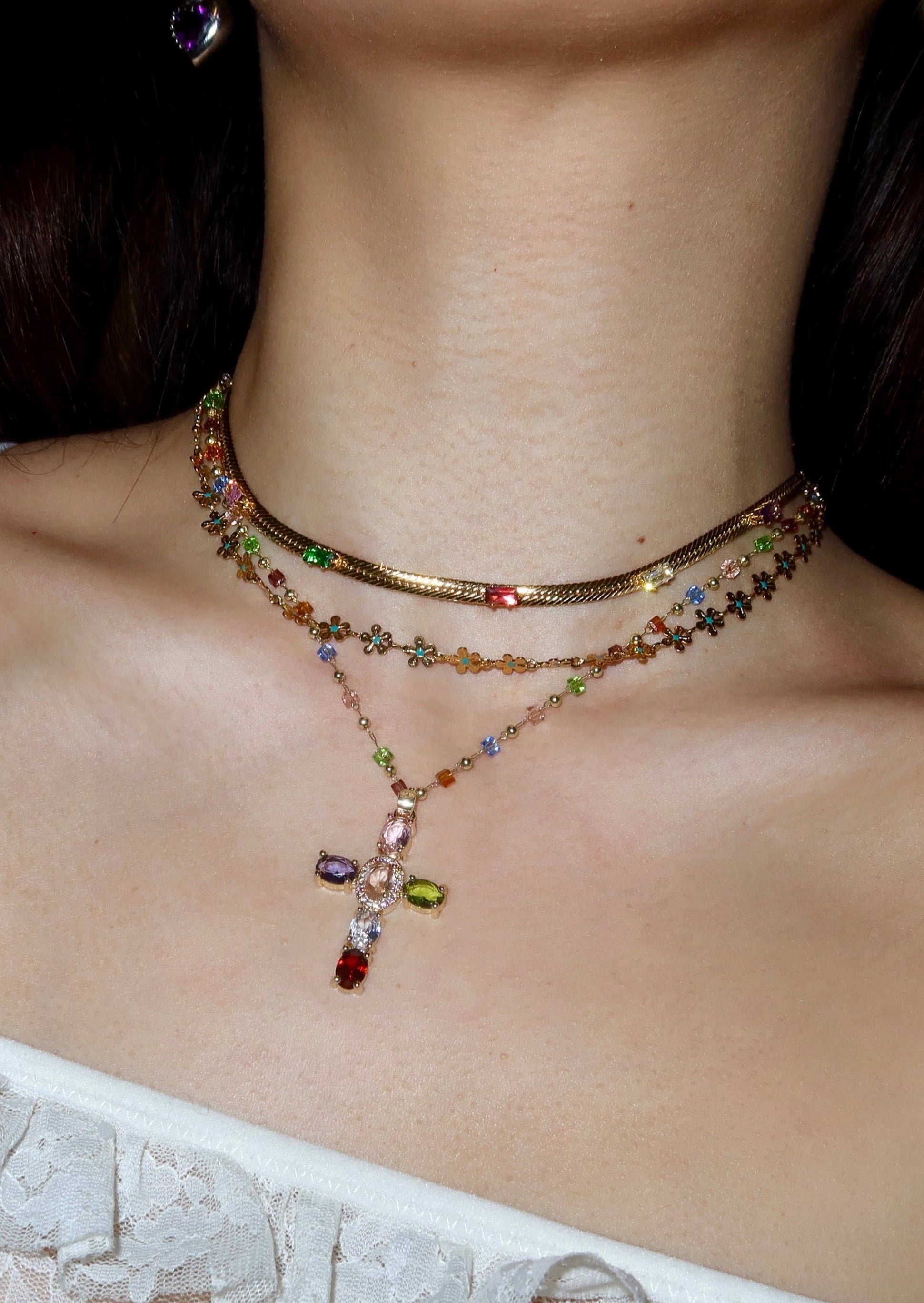 Geraldine Colorful Crystal Cross Golden Necklace – Maison Foufou